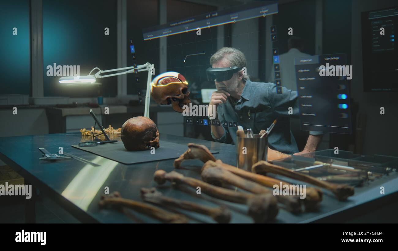 Advanced archaeological lab: Archaeologist in VR headset examines ancient human anatomy in ...