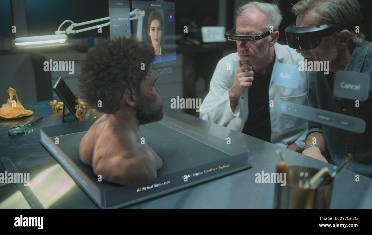 Advanced archaeological lab: Two scientists in VR headsets conducts ...