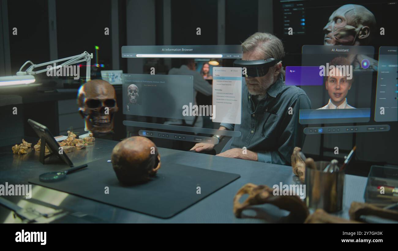Advanced archaeological lab: Archaeologist in VR headset conducts ...