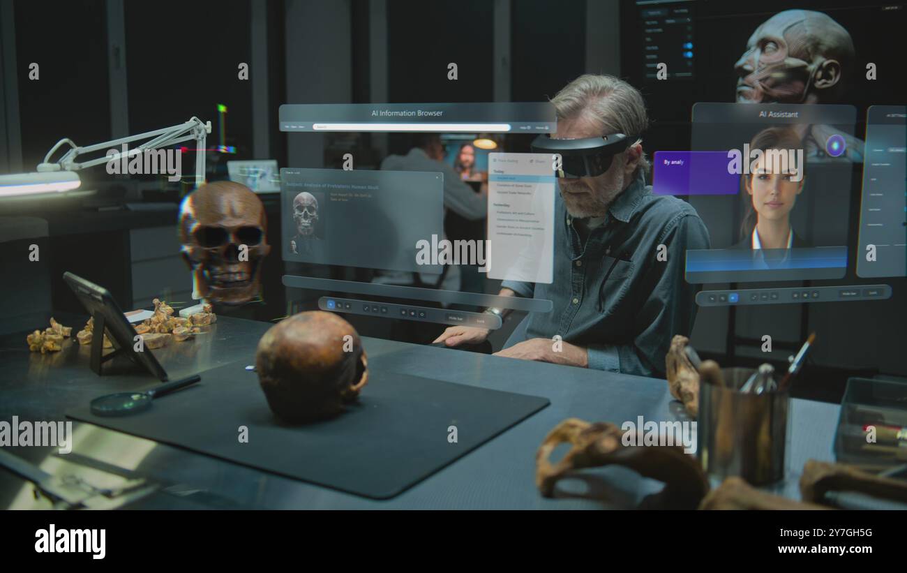 Advanced archaeological lab: Archaeologist in VR headset conducts ...
