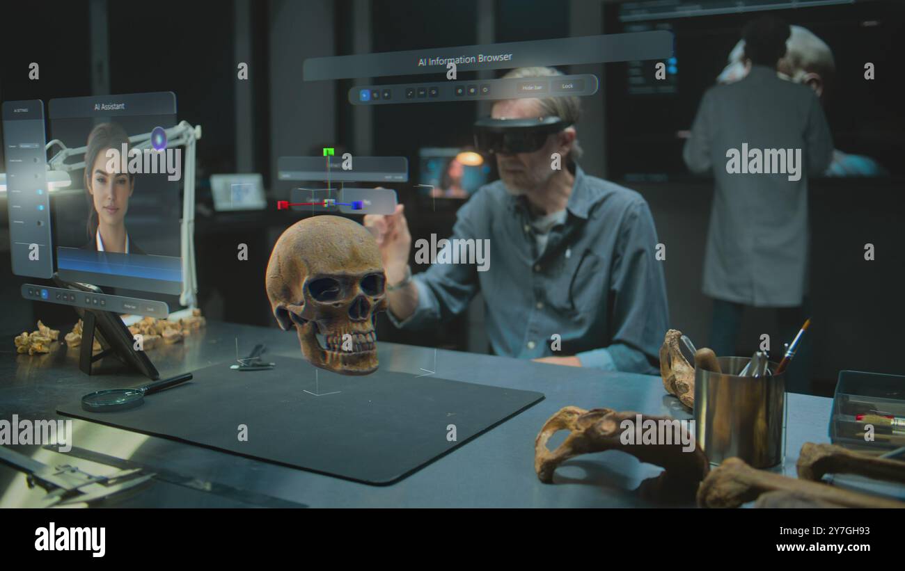 Advanced archaeological lab: Archaeologist in VR headset studies fossil ...