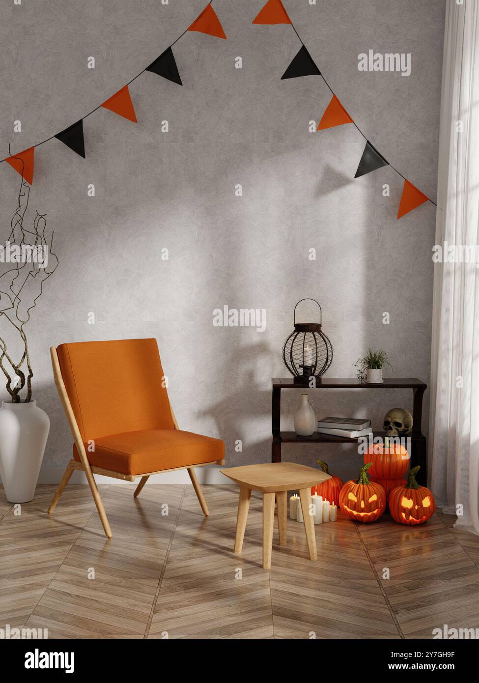 Cozy Halloween Corner with Pumpkins and Bunting 3D Render Stock Photo ...