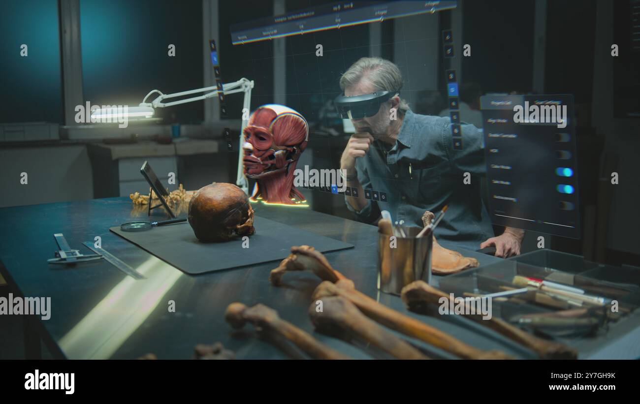 Advanced archaeological lab: Archaeologist in VR headset examines ...