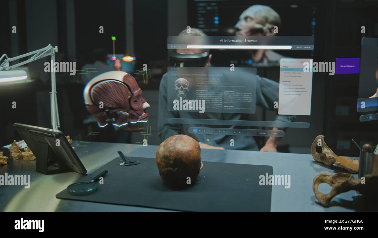 Advanced archaeological lab: Archaeologist in VR headset conducts ...