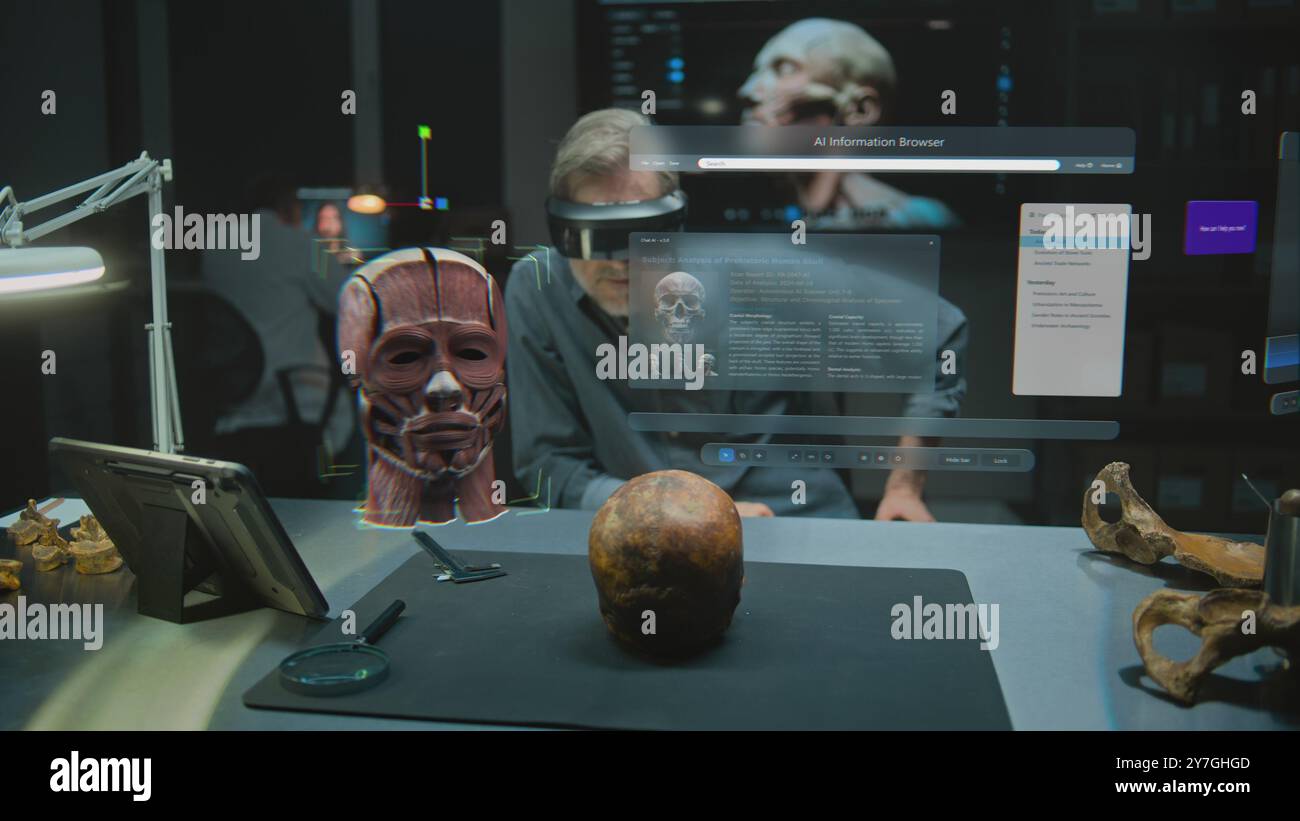 Advanced archaeological lab: Archaeologist in VR headset conducts ...