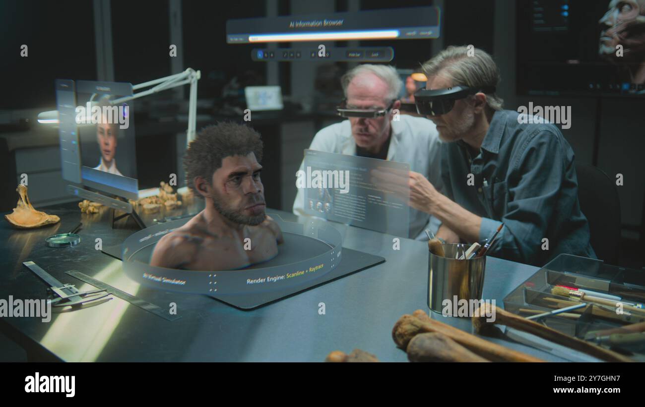 Advanced archaeological lab: Two archaeologists in VR headsets conducts ...