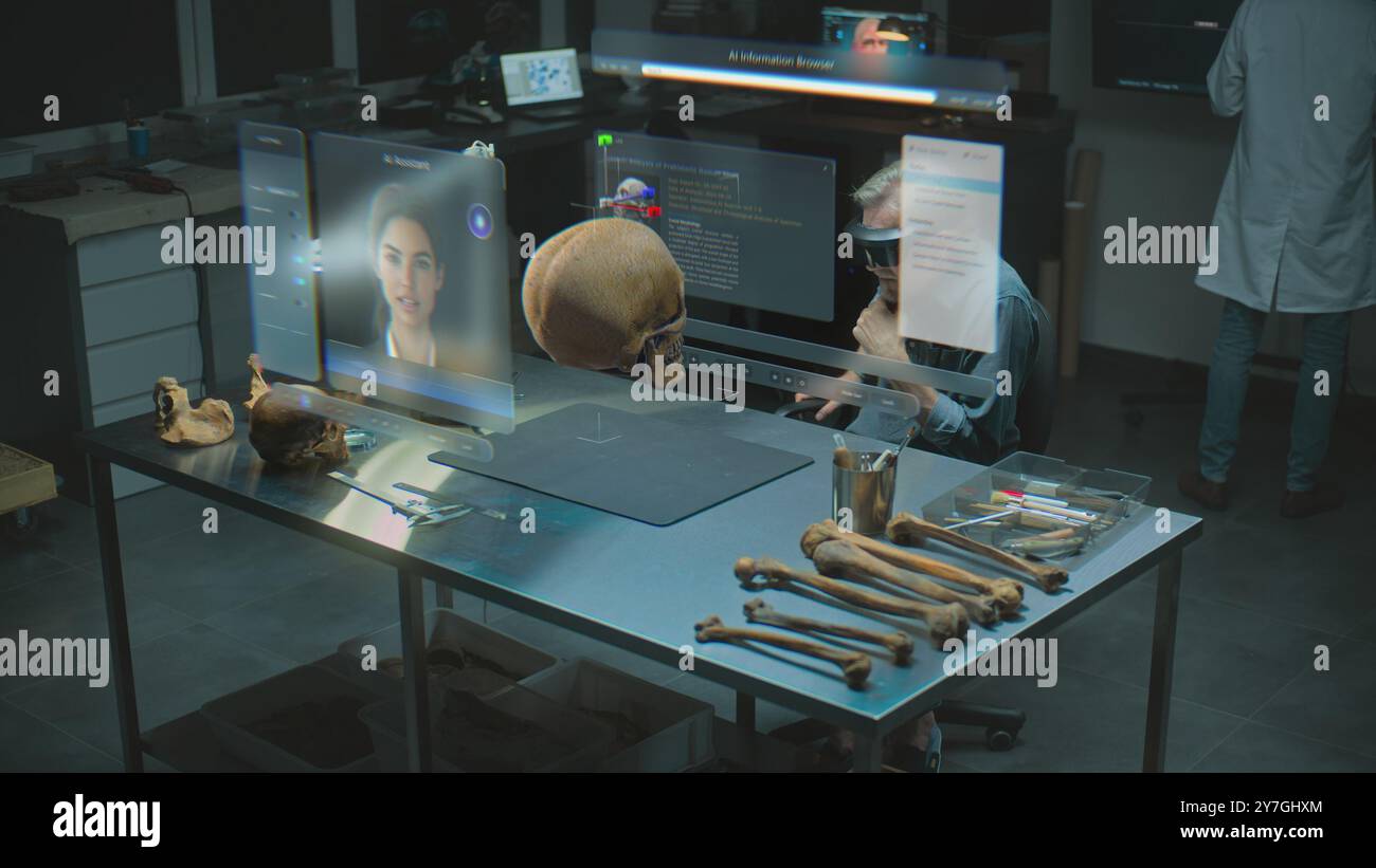 Advanced archaeological lab: Archaeologist in VR headset studies fossil ...