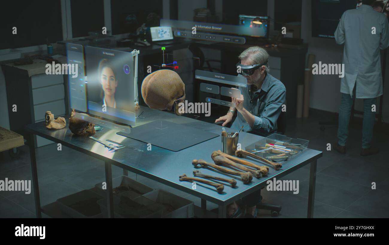 Advanced archaeological lab: Archaeologist in VR headset studies fossil ...