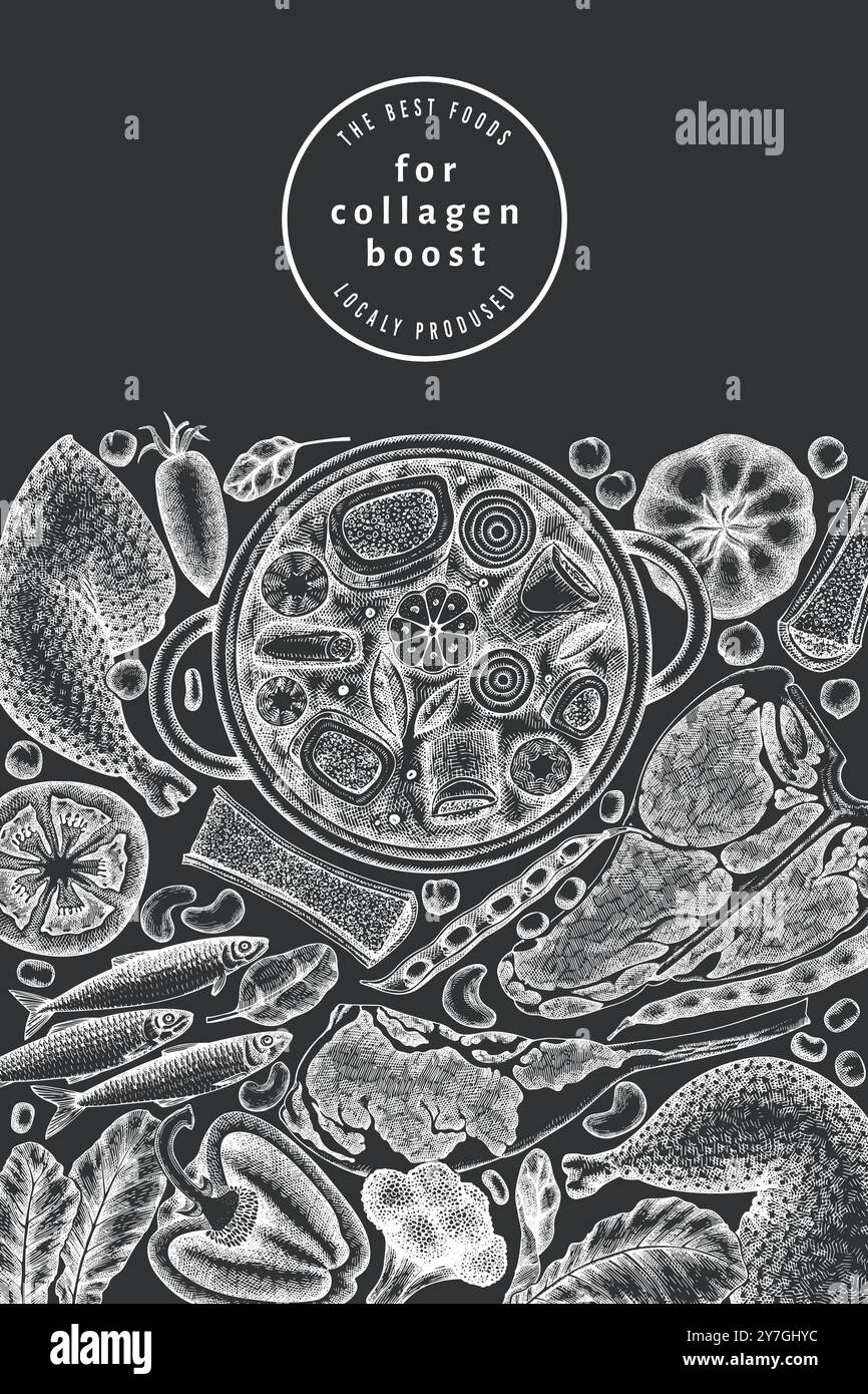 Collagen Diet Chalk Board Design Template. Vector Hand Drawn Healthy ...