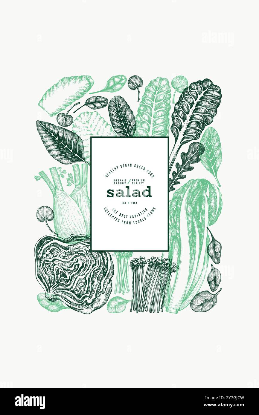 Green Vegetable Design Template. Vector Hand Drawn Healthy Leaf Salad ...