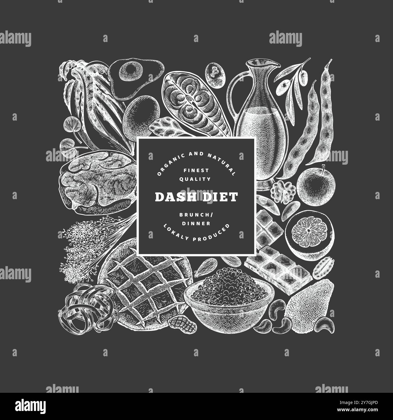 Dash Diet Design Template. Vector Hand Drawn Chalk Board Healthy Food ...