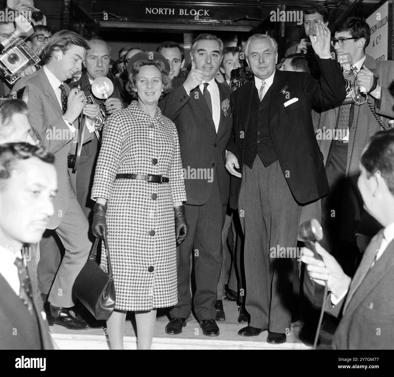 16 OCTOBER 1964 Labour Party leader Harold Wilson waves to well-wishers ...