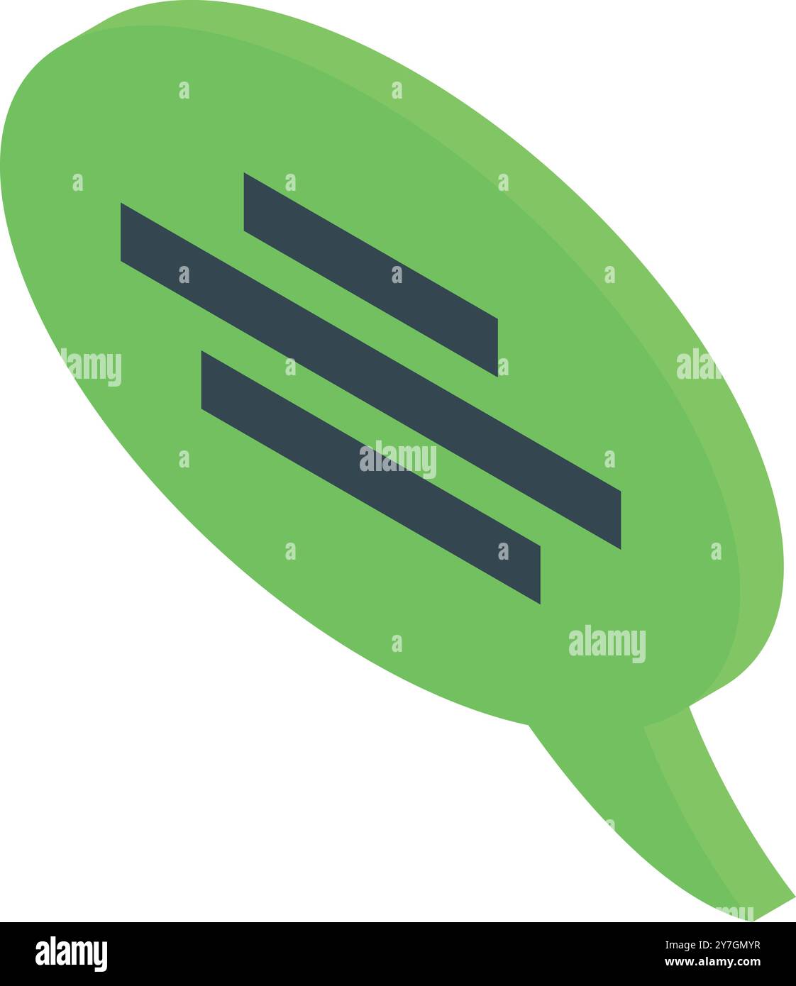 This isometric icon features a green chat bubble with three horizontal ...
