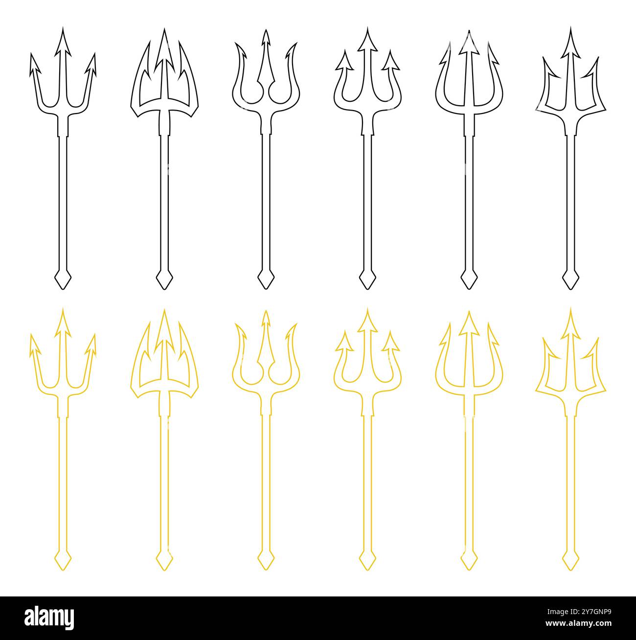 Trident icon set in black and yellow color outline. Set of black and ...
