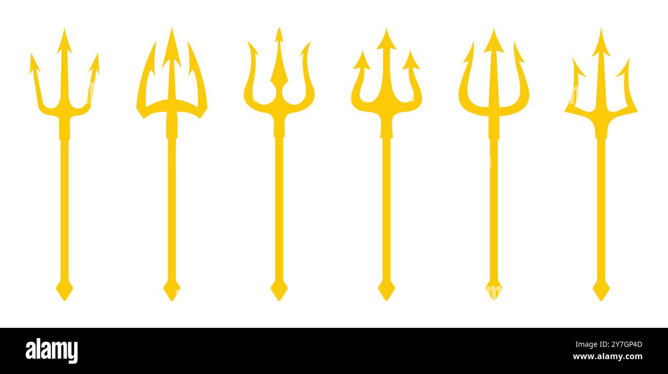 Trident vector icon set in yellow color. Set of yellow silhouettes of ...