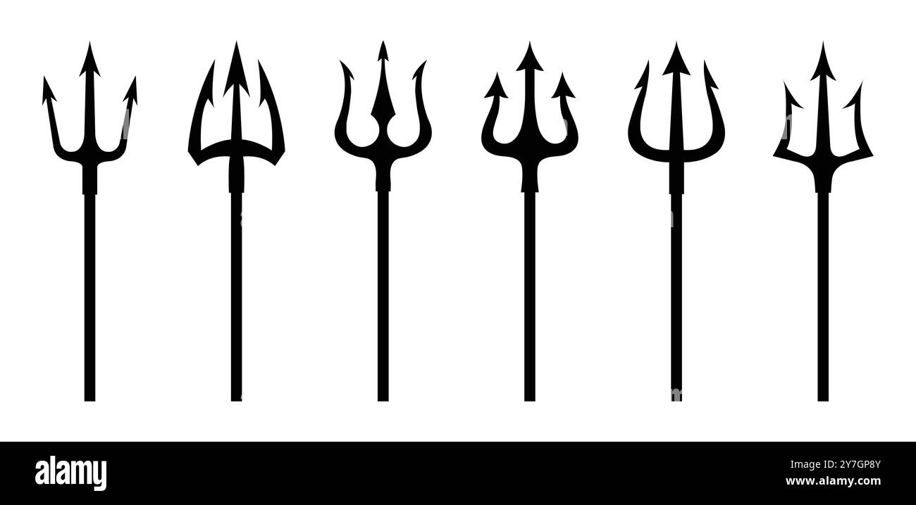 Trident vector icon set. Set of black silhouettes of trident on a white ...
