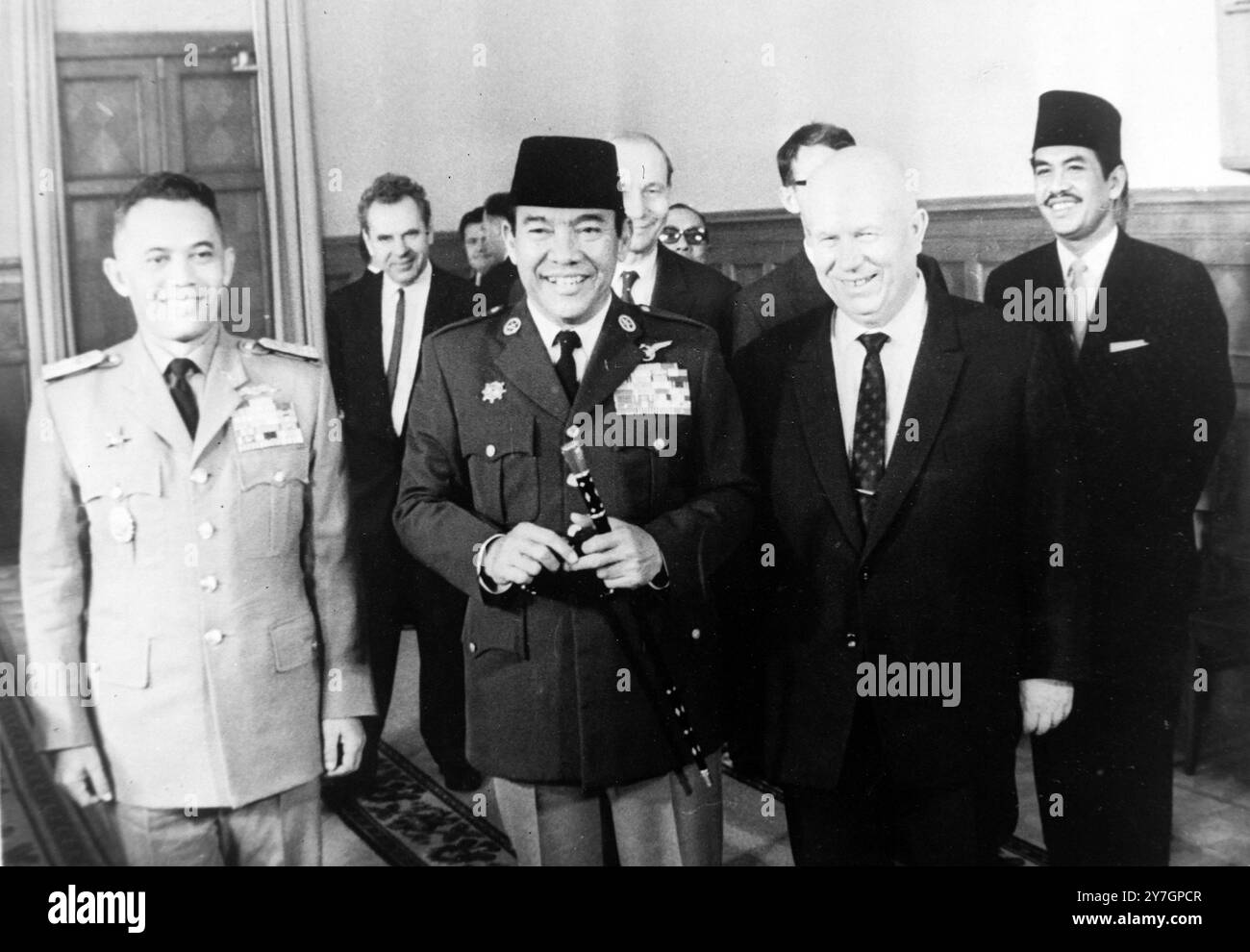 SOVIET PRIME MINISTER NIKITA KHRUSHCHEV WELCOMES PRESIDENT SUKARNO OF ...