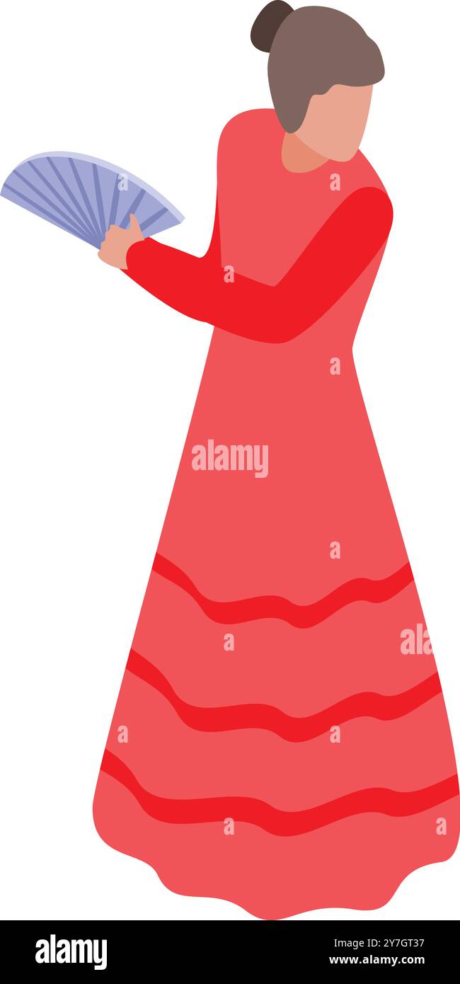 Isometric illustration of a spanish woman dancing flamenco with a fan ...