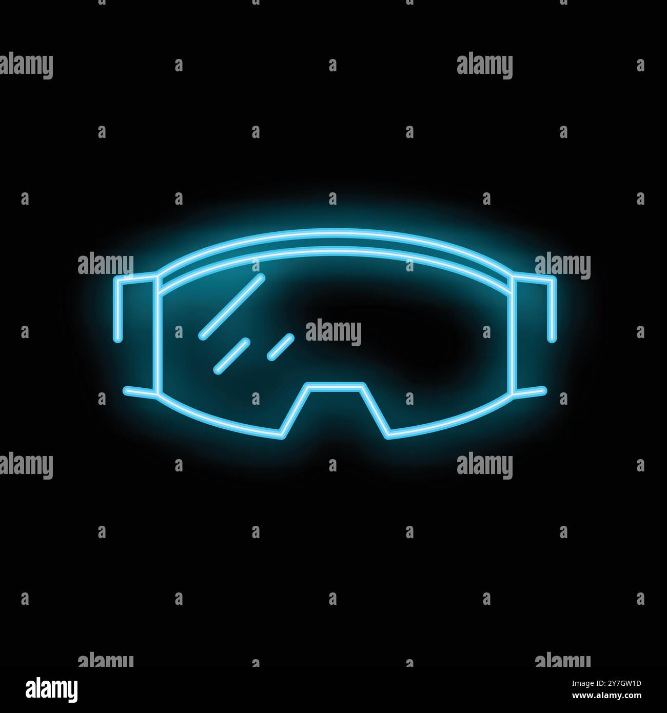 Blue neon sign depicting a pair of ski goggles, radiating a vibrant ...