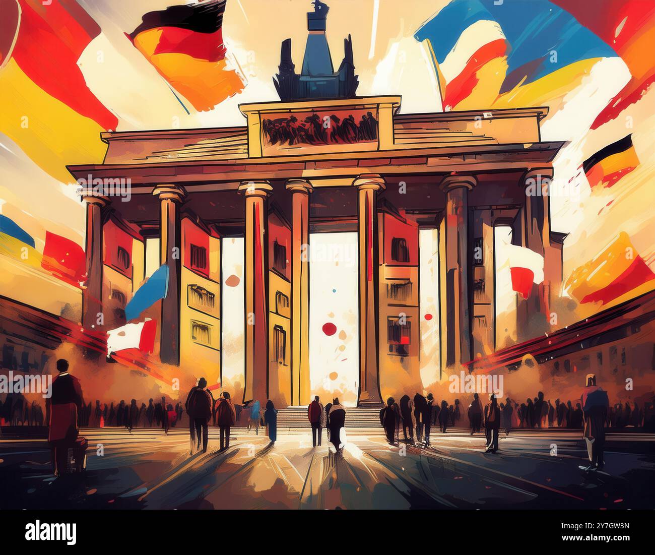 Abstract sketch showing the Unification of Germany. Symbols, Flags of Germany, DDR, FRG ...