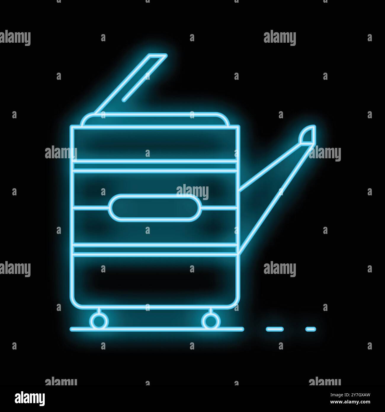 Neon blue outline of a photocopier machine glowing on a black ...