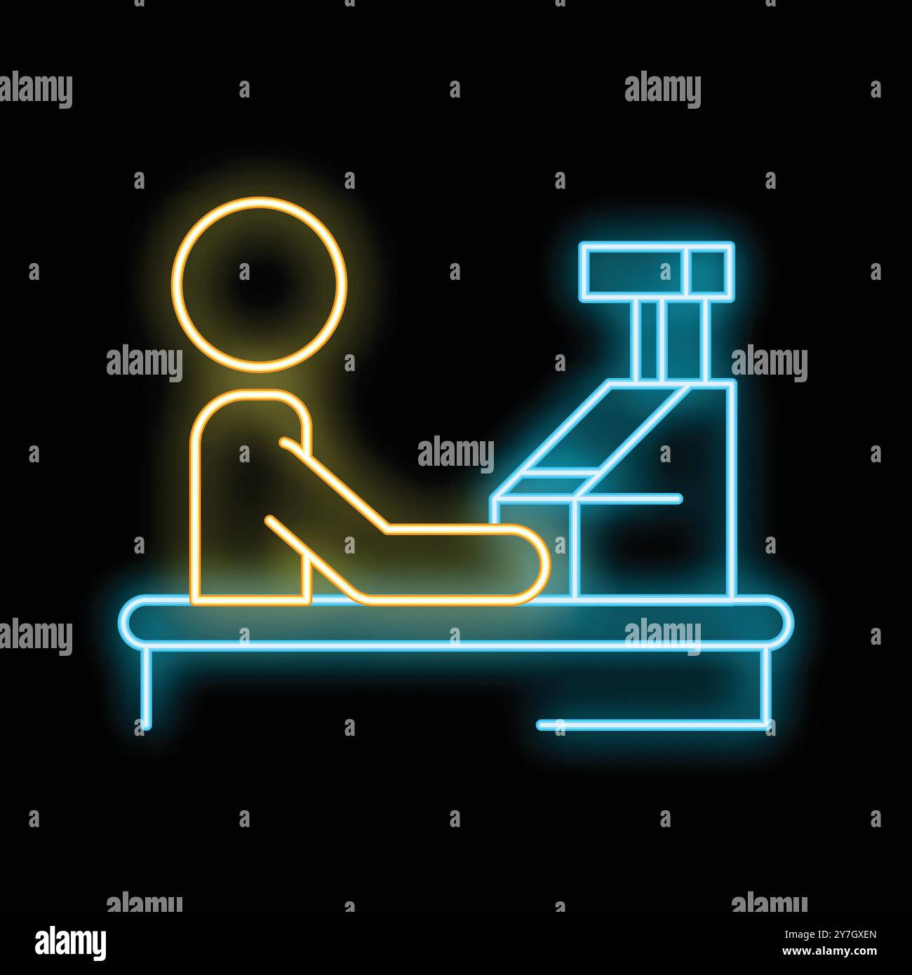 Neon icon of a cashier working behind the checkout counter with a cash ...