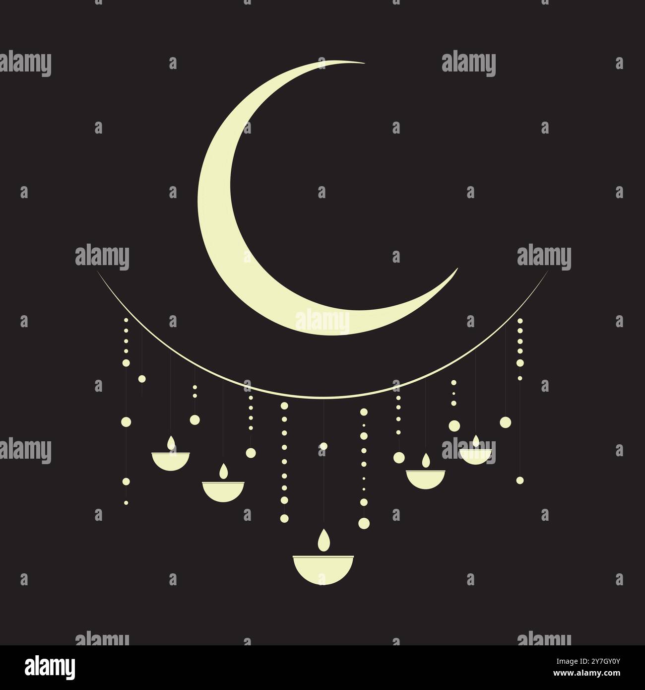 A Minimalist Serene Moon with Hanging Diyas Illustration Celebrating ...