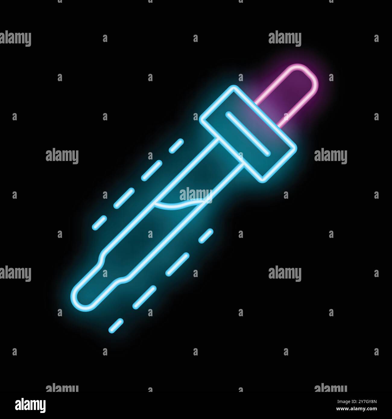 Brightly colored neon pipette dripping liquid icon glowing on a black ...