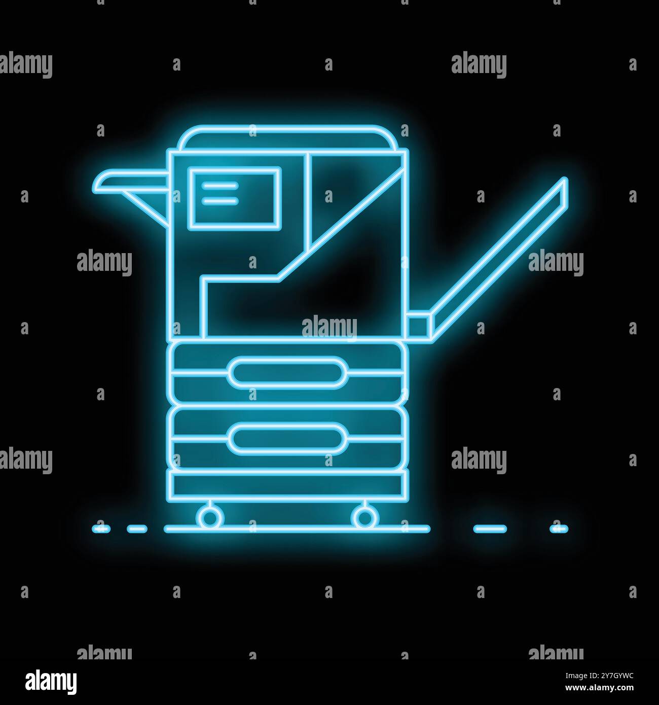 Neon blue glowing outline of an office multifunction printer standing ...