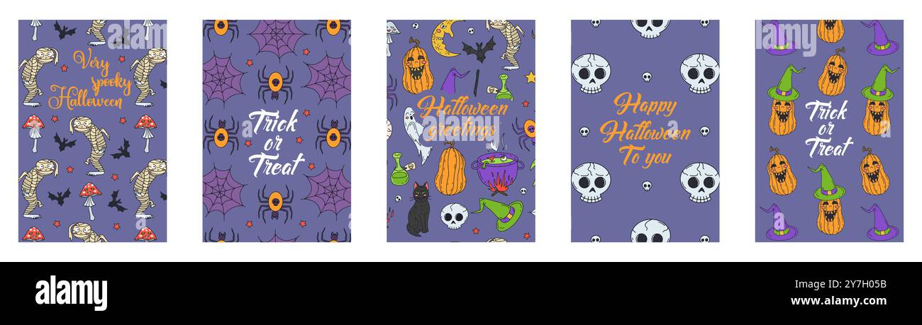 Set of Cards or posters with cute hand drawn Halloween illustrations ...