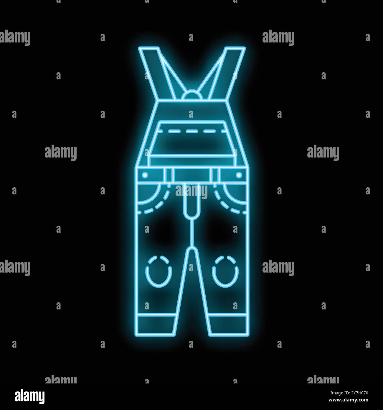 Blue neon icon of work overalls glowing on black background ...