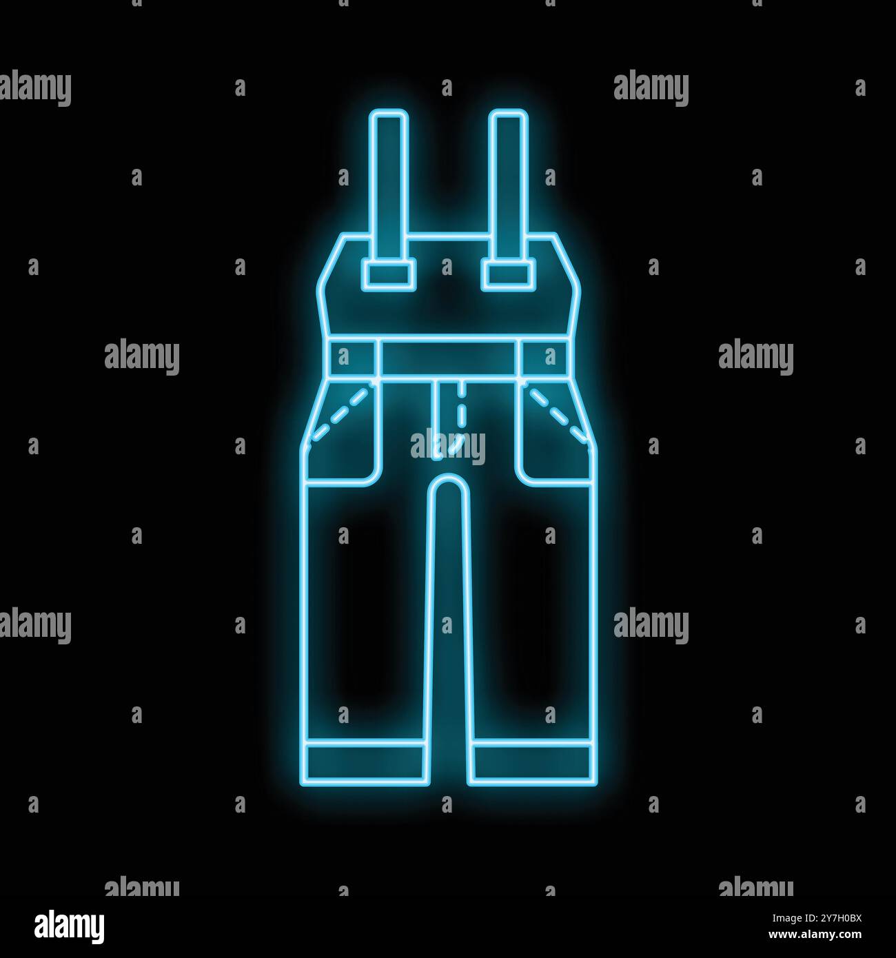 Blue neon sign depicting work overalls with big pockets, glowing on a ...