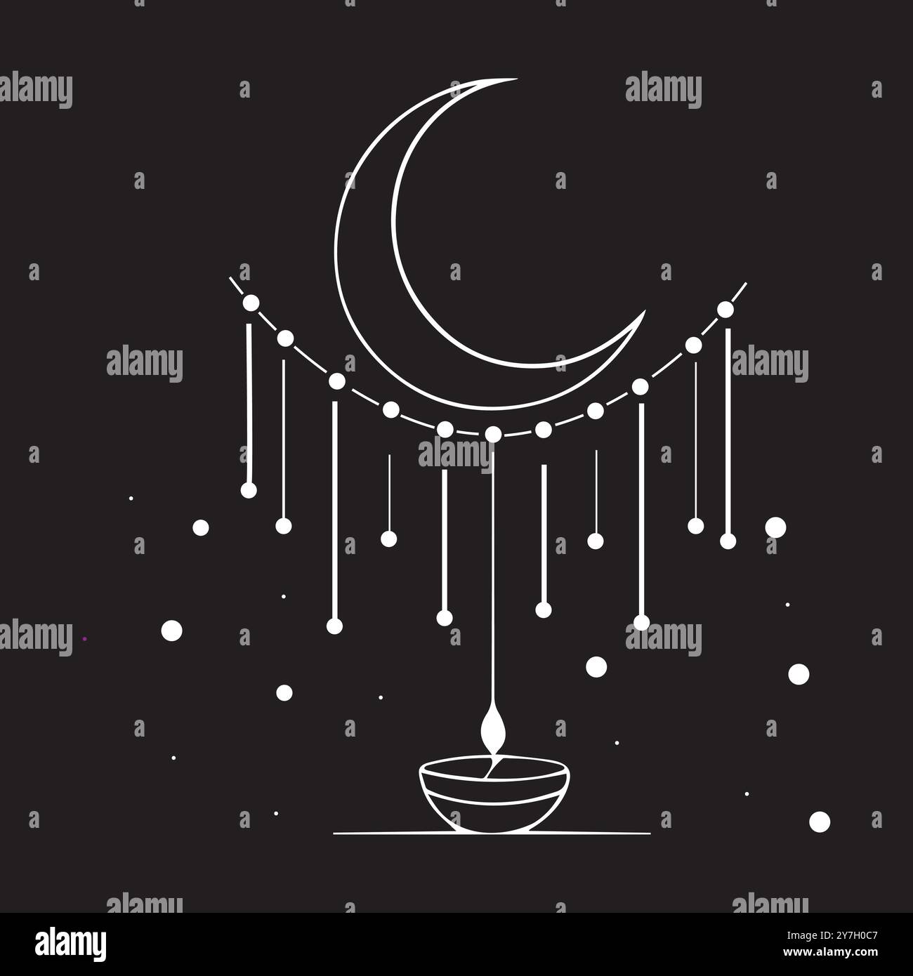 A White Minimalist Serene Moon with Hanging Diyas Illustration ...