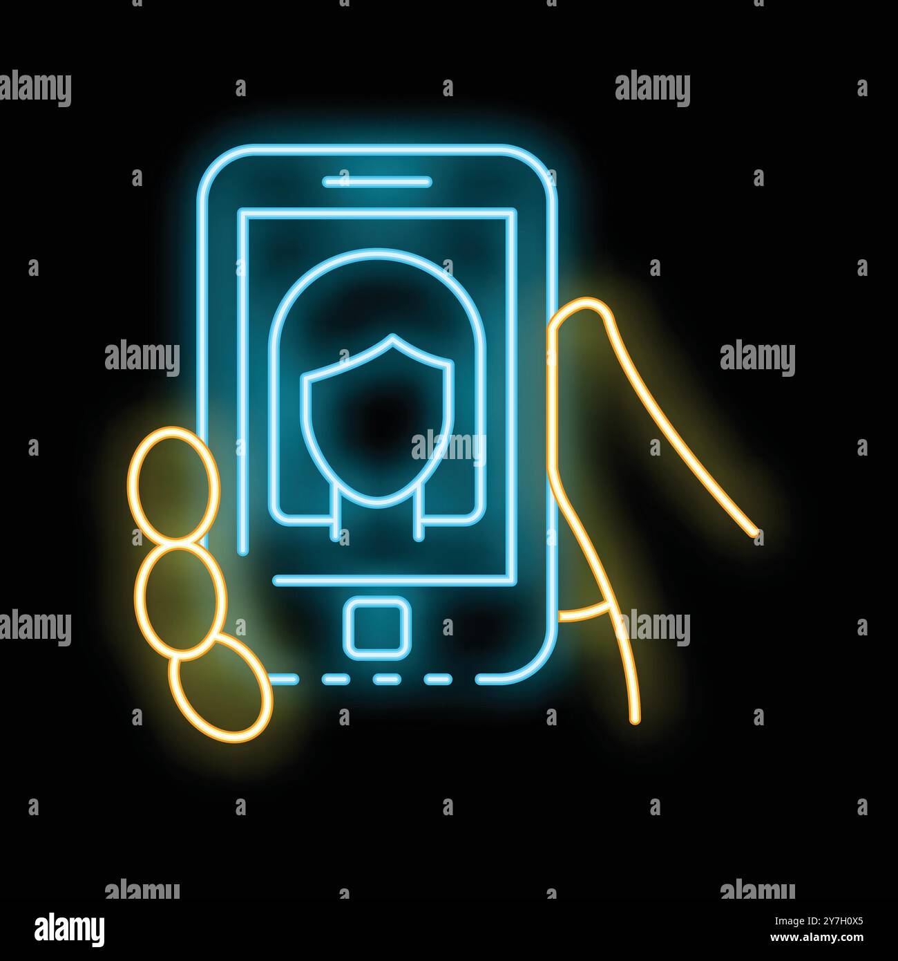 Neon sign illustration of a hand holding a smartphone with a female ...