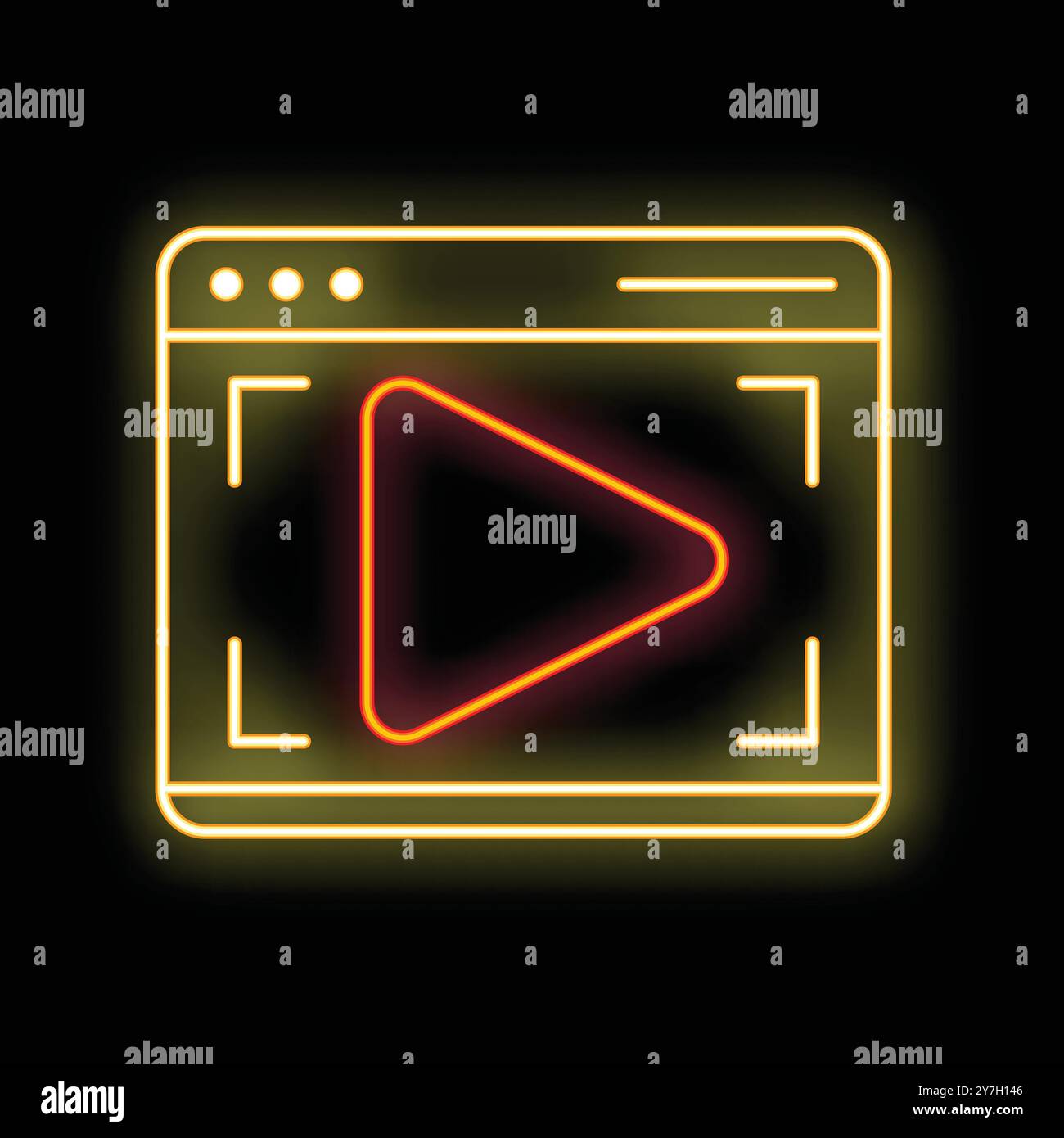 Neon sign is glowing on a black background showing a play button on a ...
