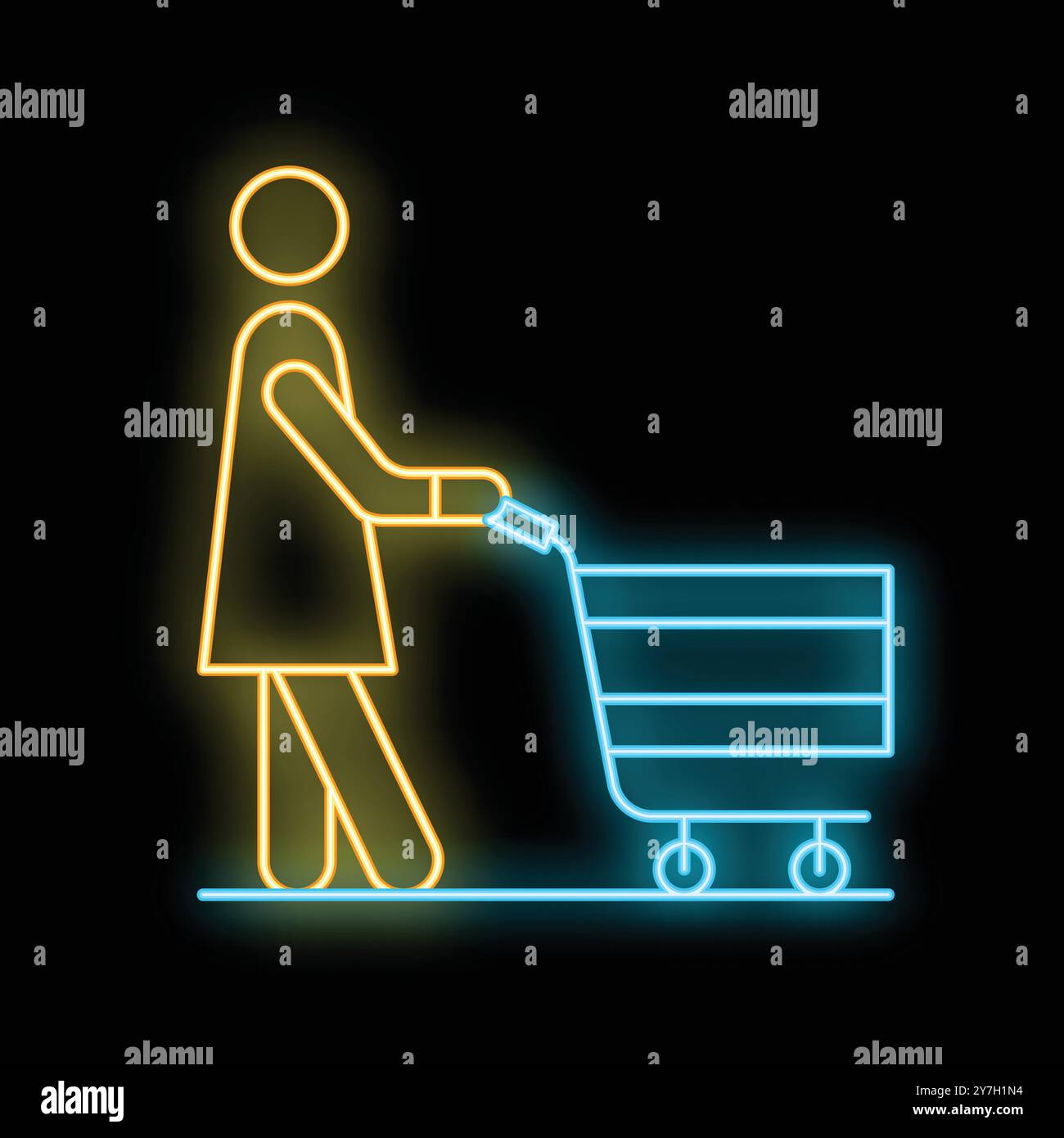 Bright neon icon of a person pushing a shopping cart, representing ...