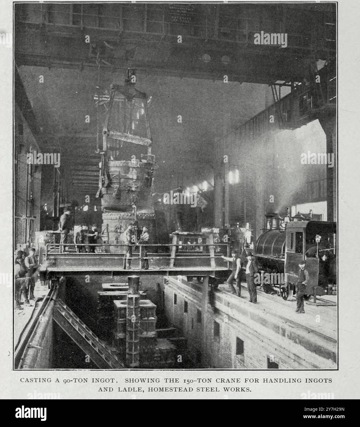 CASTING A 90-TON INGOT. SHOWING THE 150-TON CRANE FOR HANDLING INGOTS ...