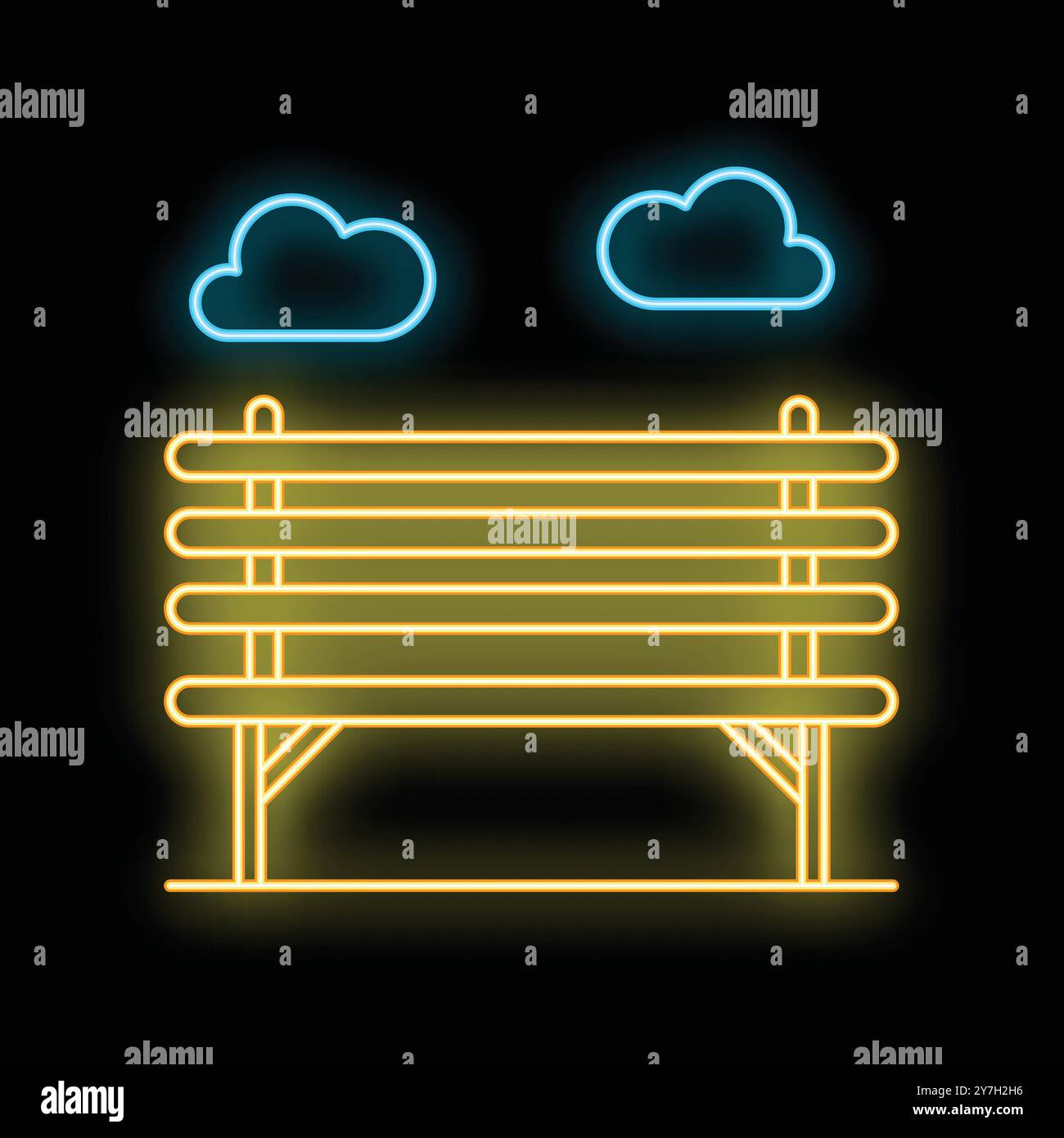 Glowing neon sign depicting a park bench under two clouds on a black ...