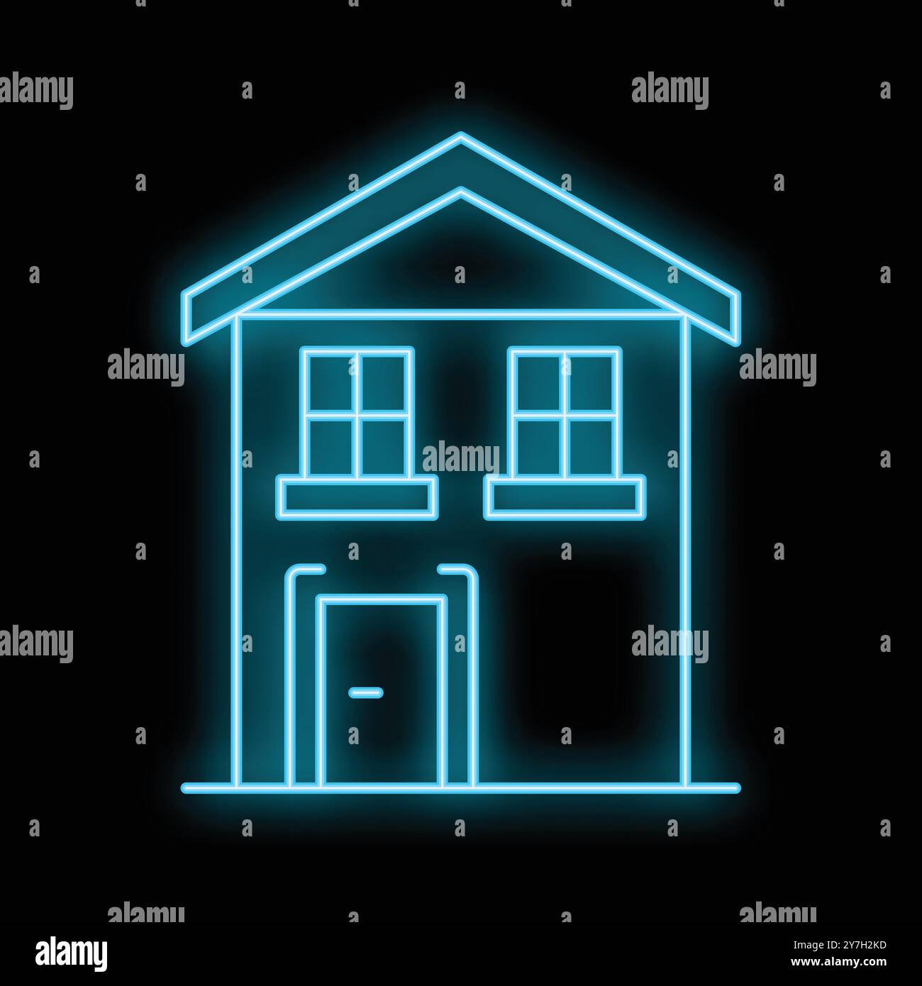 Blue neon sign glowing house icon illustration on a black background ...