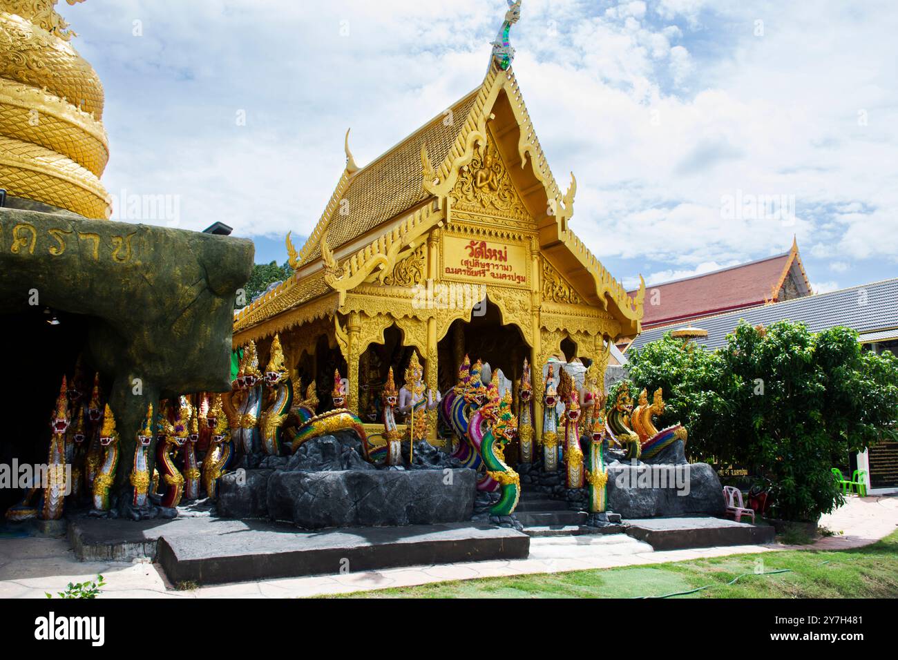 Golden color shrine holy naga of Wat Maisupradit Tharam temple for thai ...