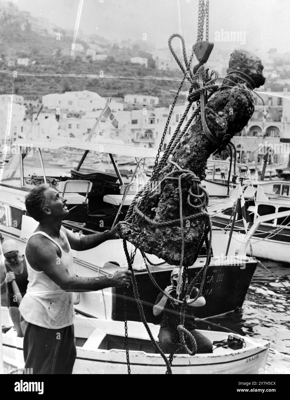 FAUN MARBLE STATUE IS HOISTED SHORE CAPRI BLUE GROTTO IN ITALY ; 13 ...
