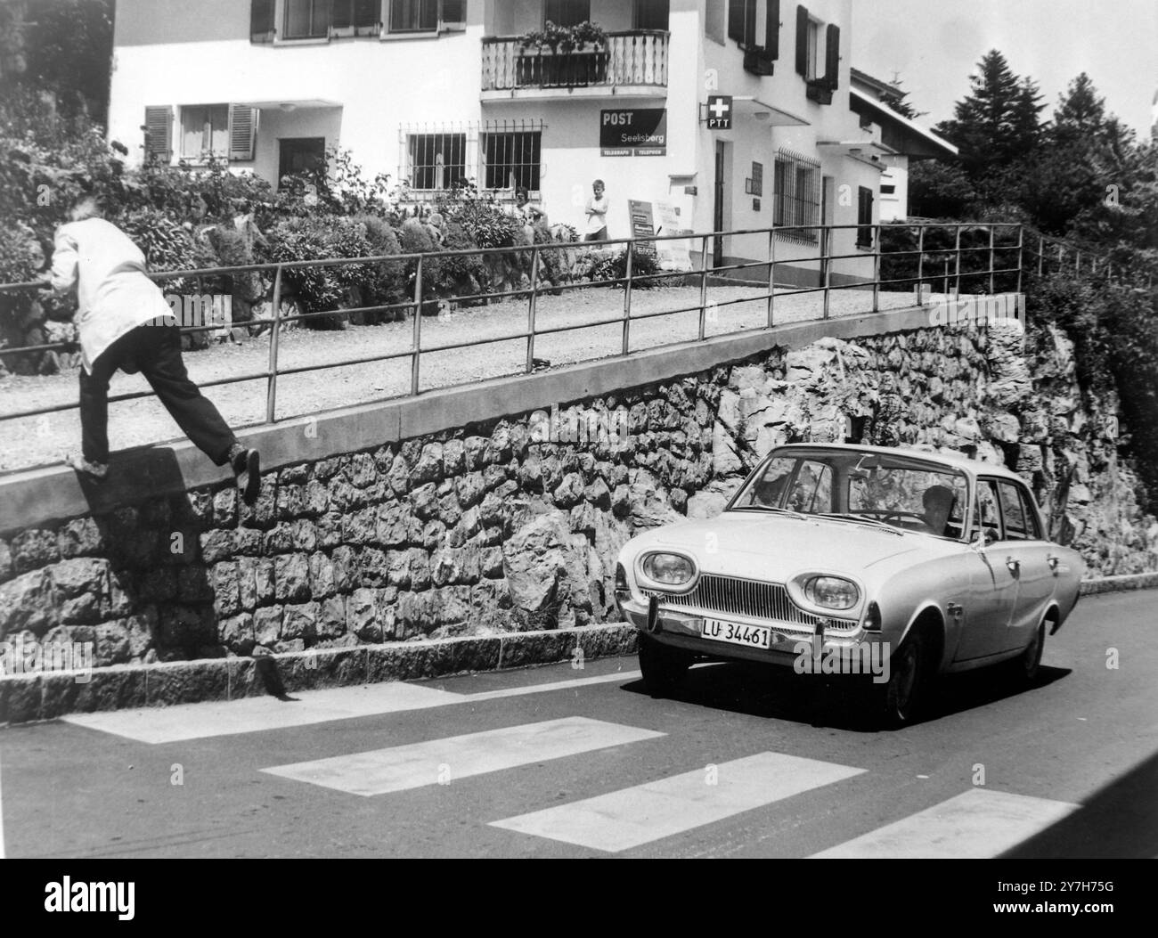 ZEBRA CROSSING PEDESTRIAN LEAPS OUT OF WAY OF CAR IN SWITZERLAND ; 5 ...