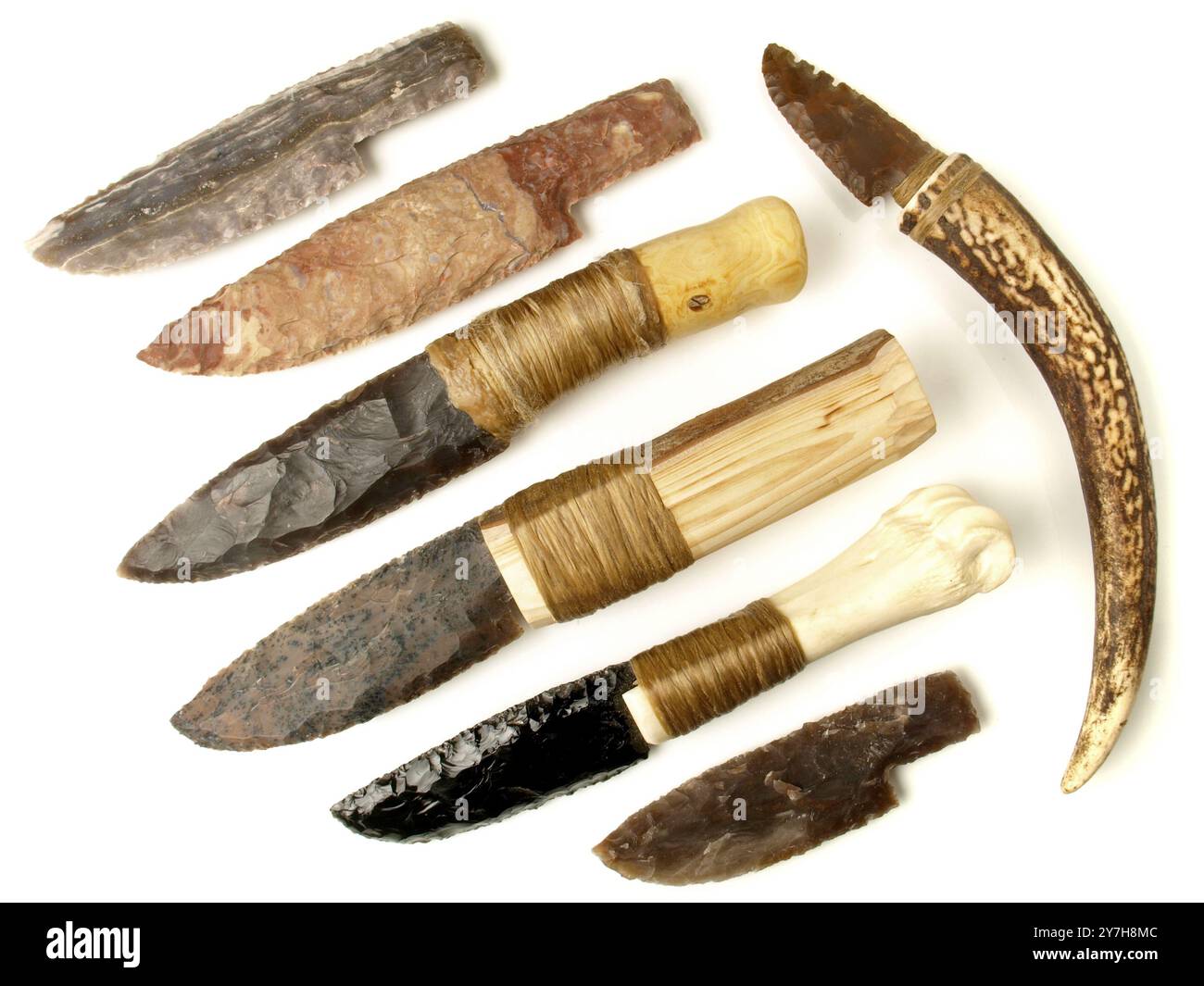 Stone Age Knives with Flintstone and Obsidian Blade isolated on white ...