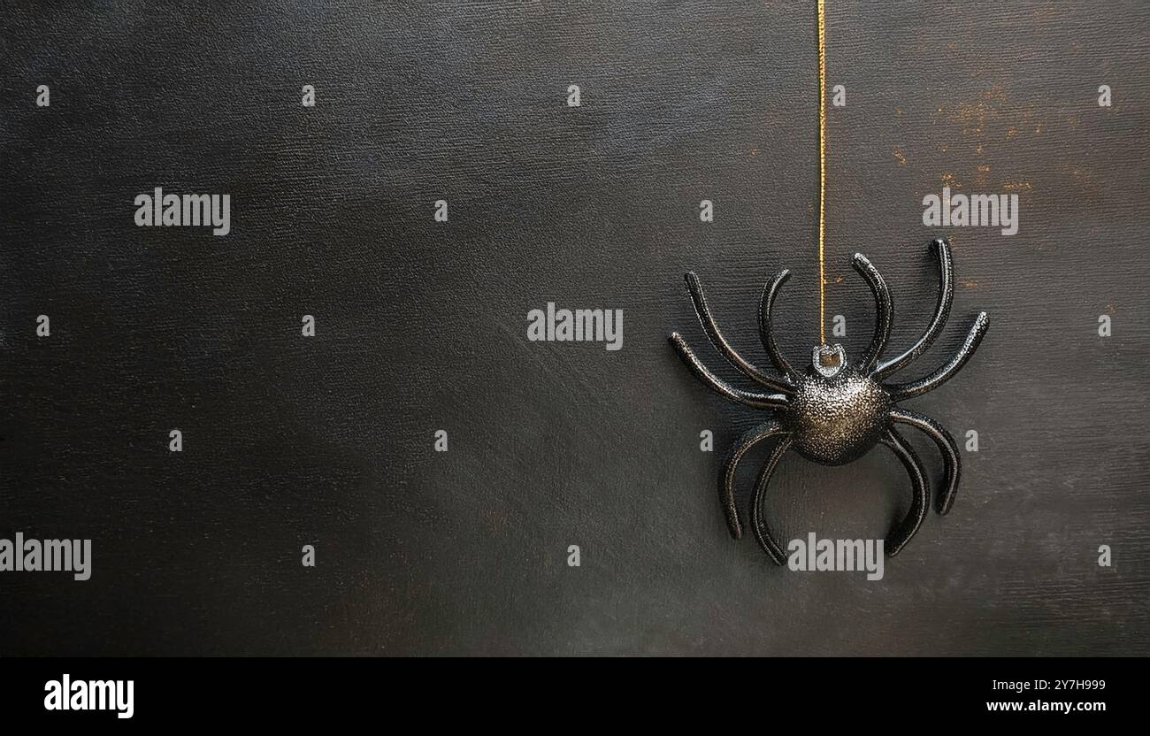 Hanging black glitter spider decoration for halloween on dark grunge ...