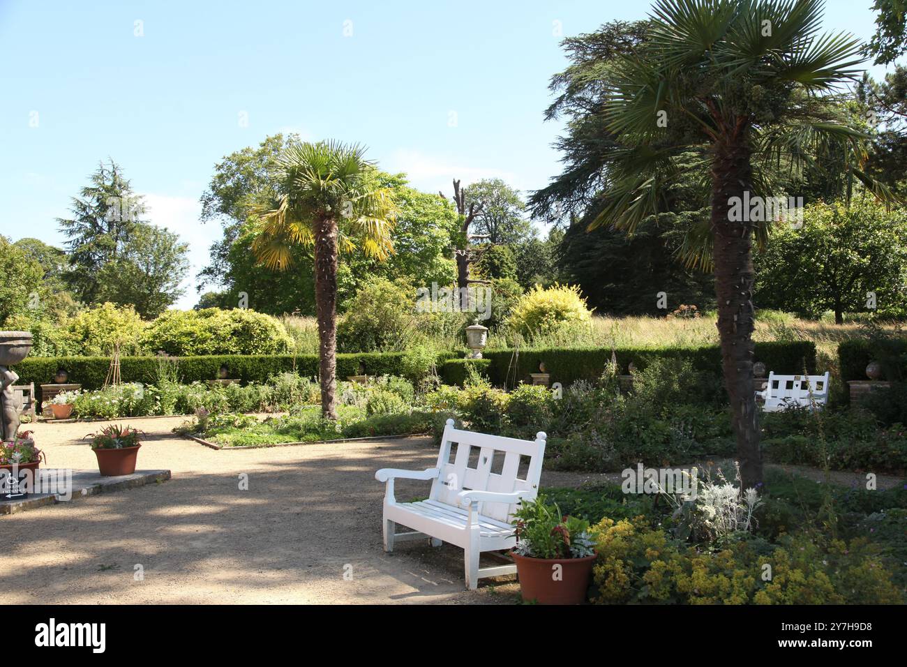 A courtyard garden with white bench at Hatchlands Park, Surrey, England ...