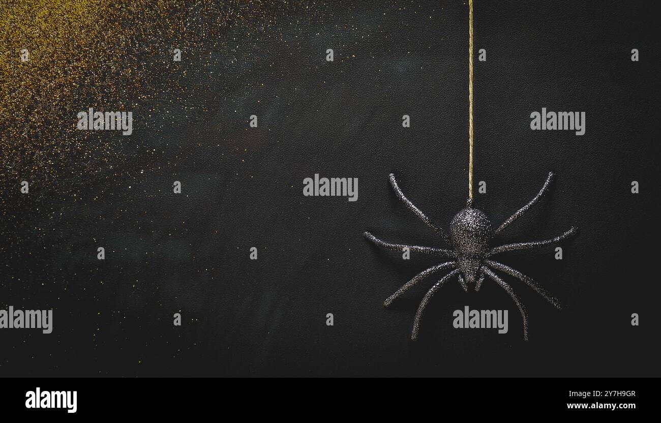 Hanging black glitter spider decoration for halloween, dark grunge gold ...