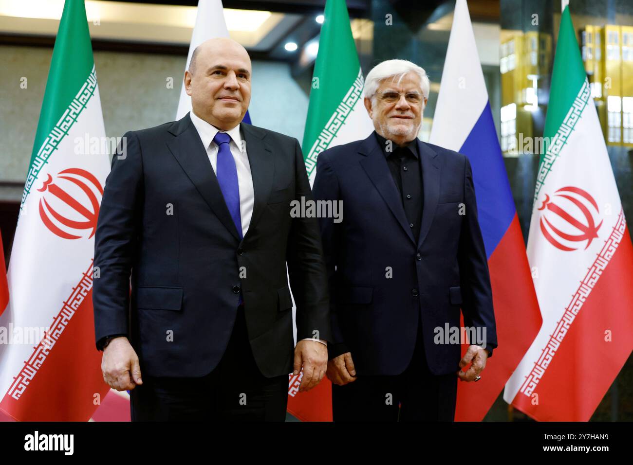 Russian Prime Minister Mikhail Mishustin, left, and Iranian First Vice ...