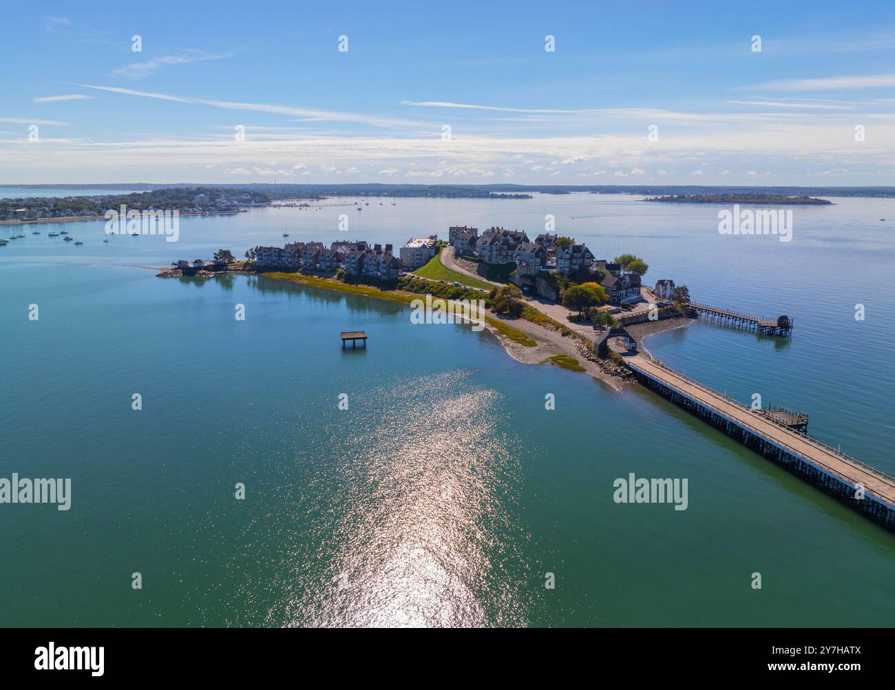 Spinnaker Island aka Hog Island aerial view in Hingham Bay in Boston ...