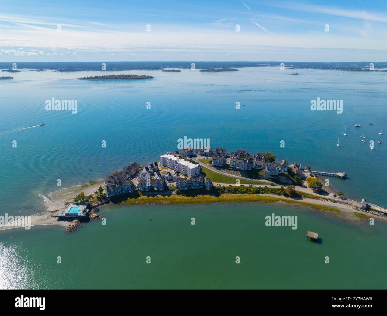 Spinnaker Island aka Hog Island aerial view in Hingham Bay in Boston ...