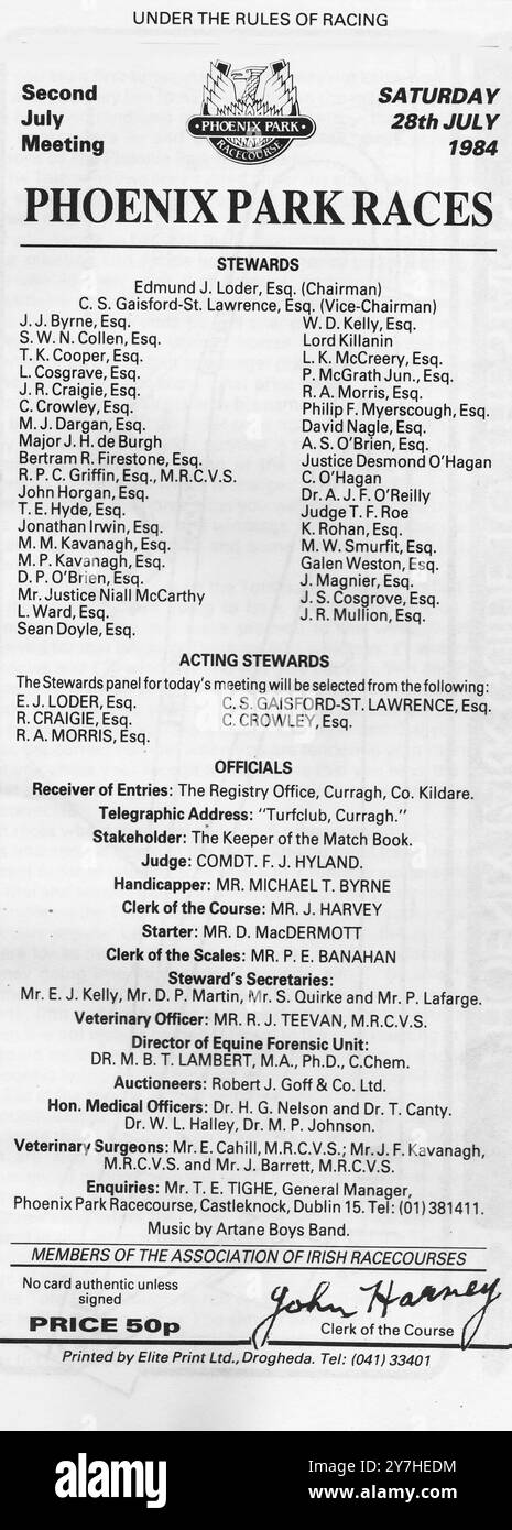 The list of Stewards of the Phoenix Park Racecourse in July 1984 ...